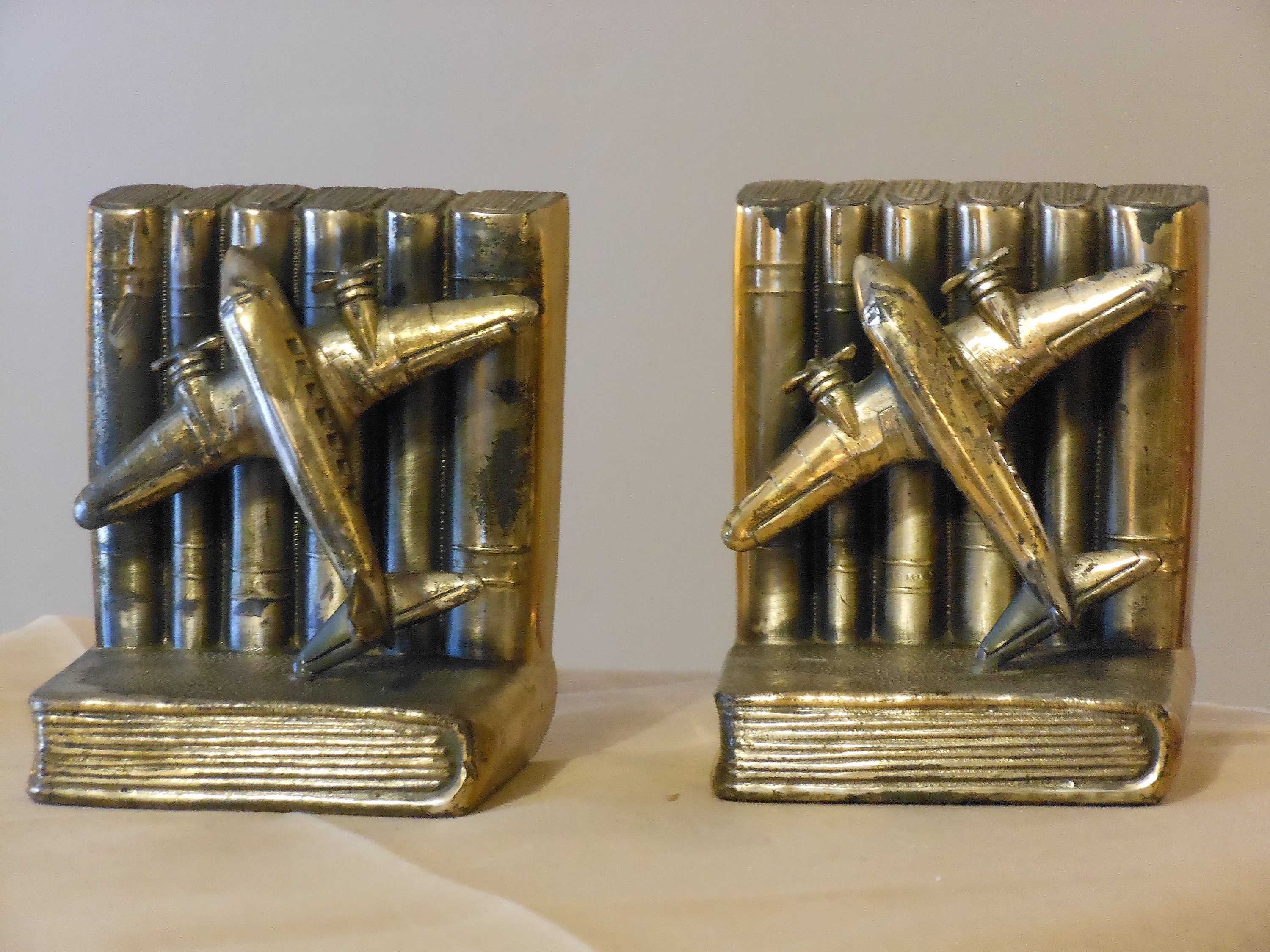 Vintage Brass Mold Airplane Bookends