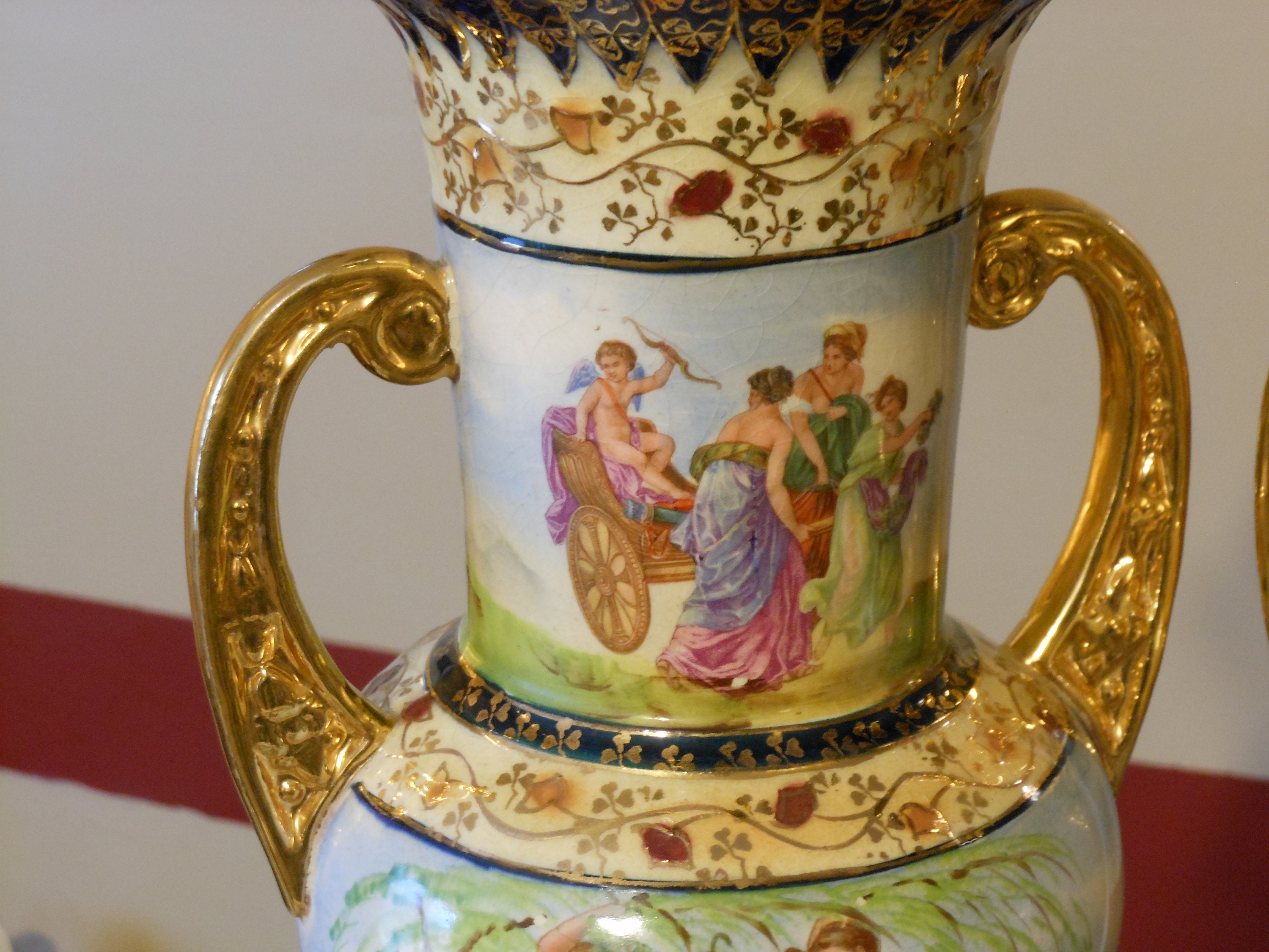 Two Matching Victorian-Era Elysian Blue Classical Urns w/ Lids