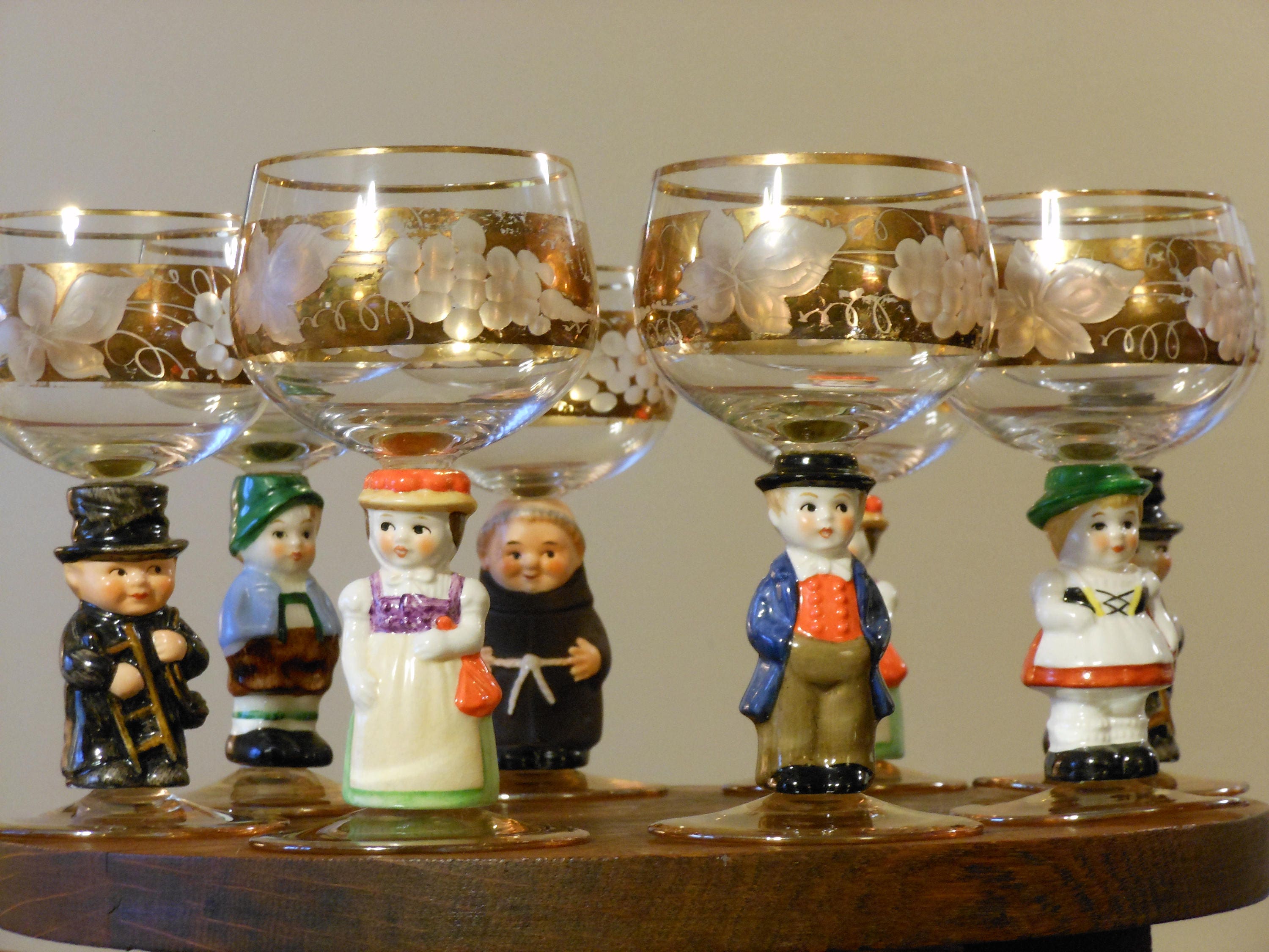 Set of Eight Goebel Figurine-Stem, Gold-Trim Wine Glasses