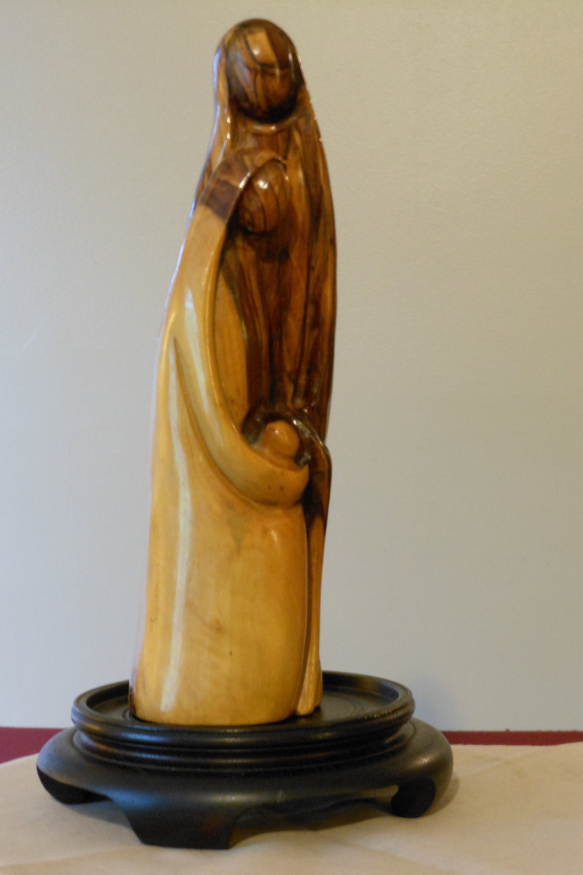 Vintage Tall Olive Wood Abstract Sculpture: Holy Family