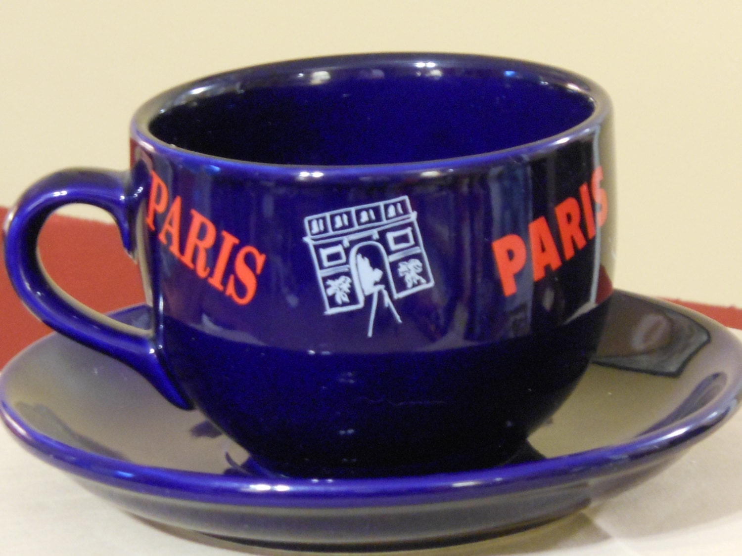 Over-Sized Navy Blue Paris-Themed Cup and Saucer
