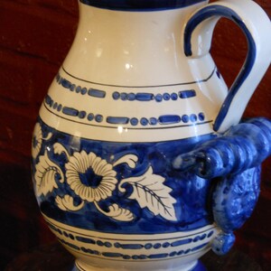 Ornate WCL Pitcher Vase, Vanilla and Dark Blue. Floral and Bead Design ...
