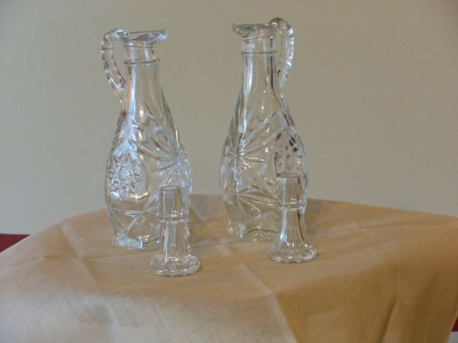 Two Matching Cut Crystal Cruets w/ Glass Stoppers