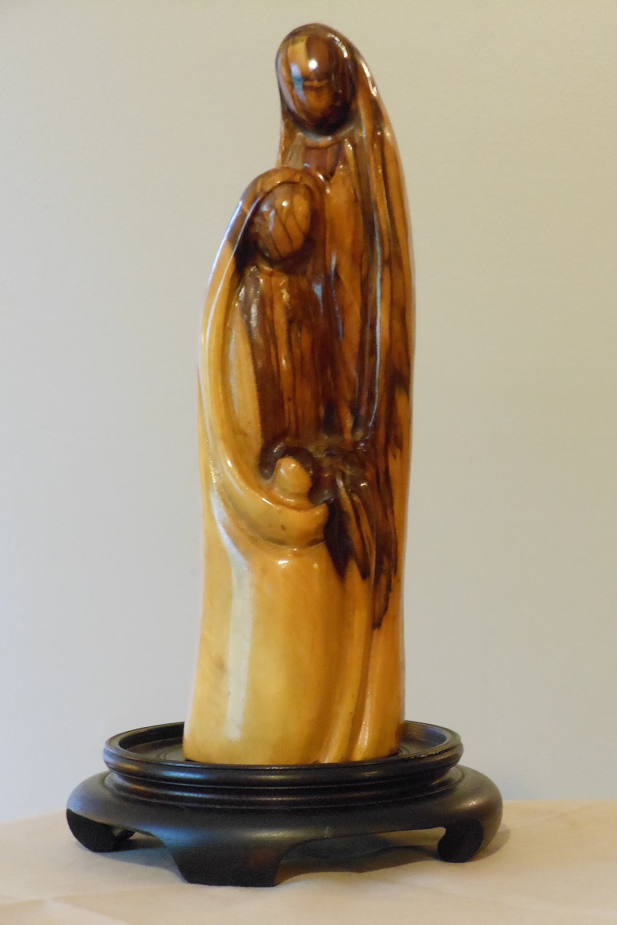 Vintage Tall Olive Wood Abstract Sculpture: Holy Family