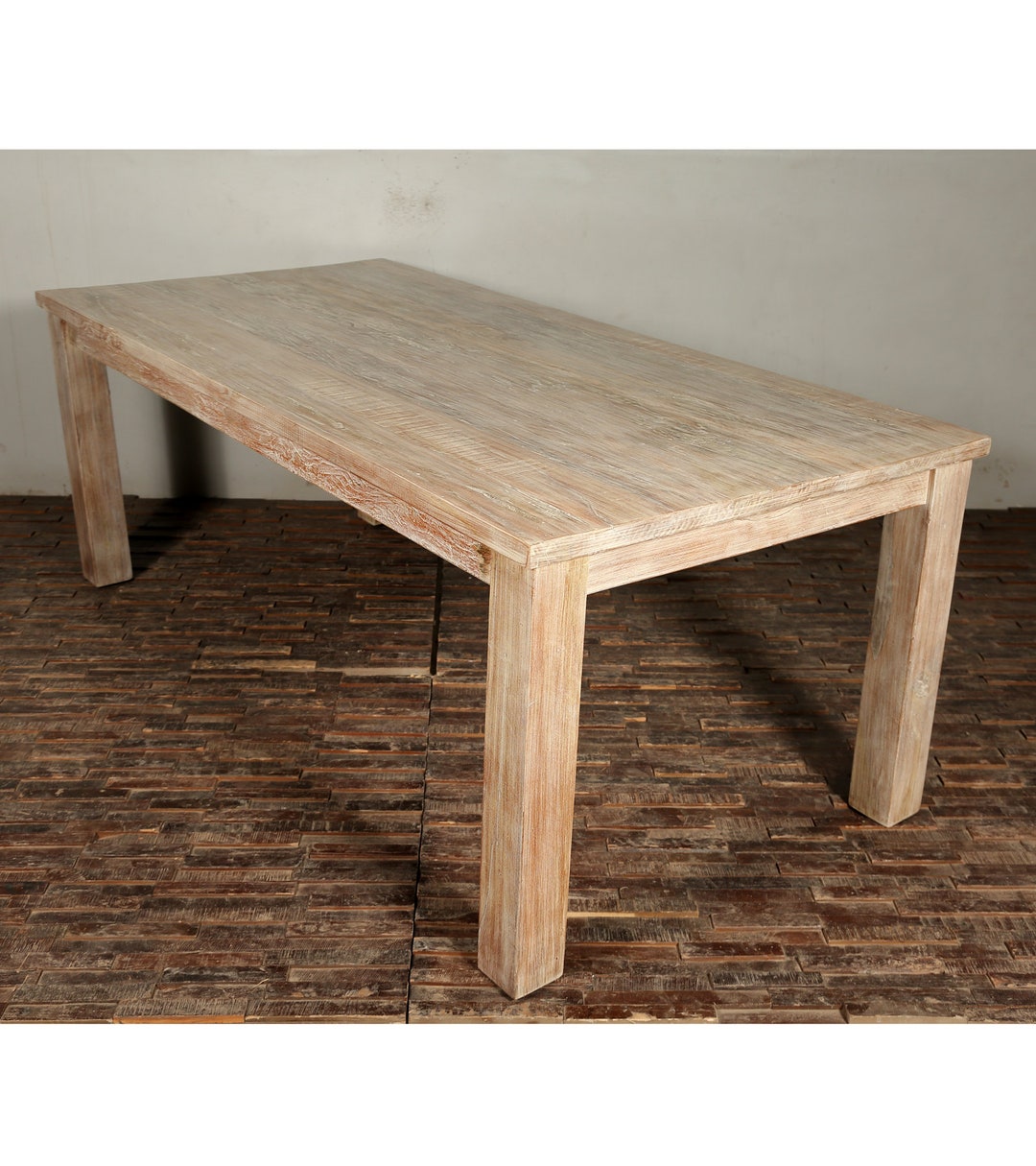 Solid Reclaimed Teak Wood Dining Table W/ Square Legs + Whitewash ...