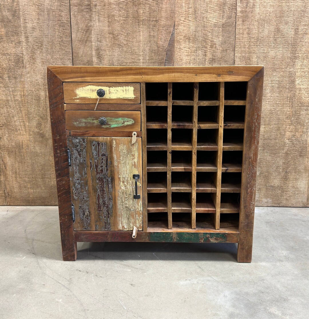 SOLID Reclaimed Teak Wood Bar Cabinet With Wine Storage Rustic Multi ...