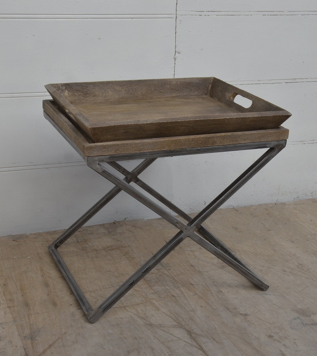 Solid Metal & Mango Wood End Table With Removable Mango Wood Serving ...