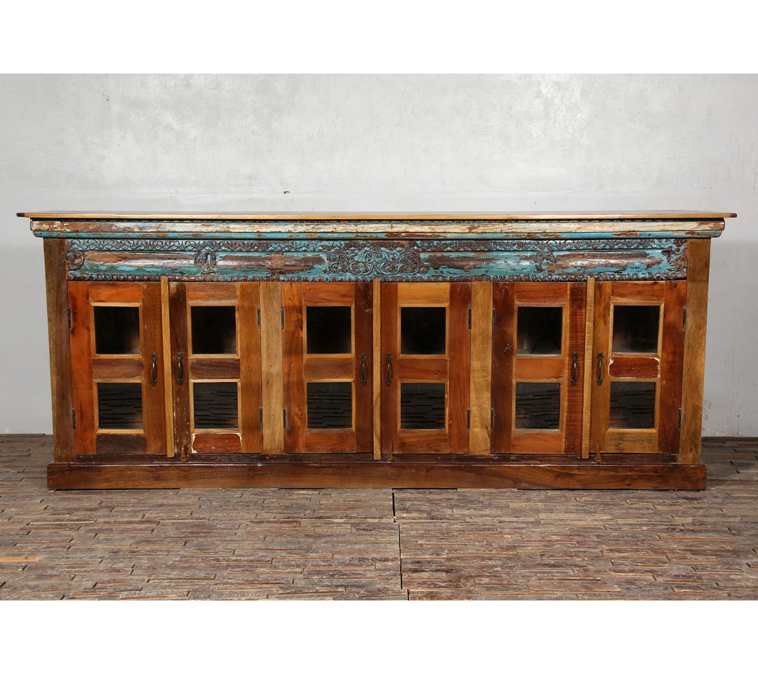 SOLID WOOD Reclaimed Teak TV Stand Entertainment Center Cabinet, Console (101.5")- Handcrafted ...