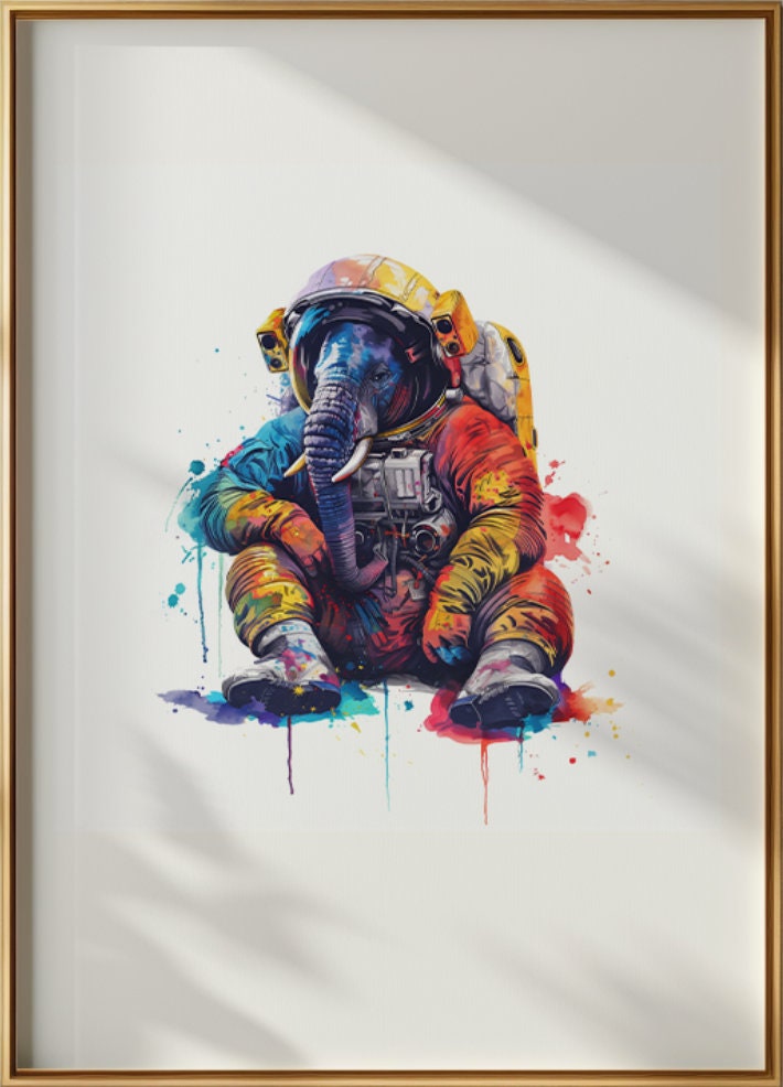 Astronaut Elephant Printable Watercolor Space Dripping Modern Painting ...