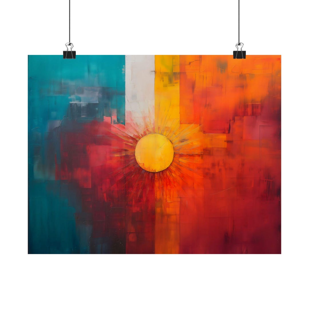 Vintage Geometric Sun Poster Print Landscape Modern Painting, Outdoor ...