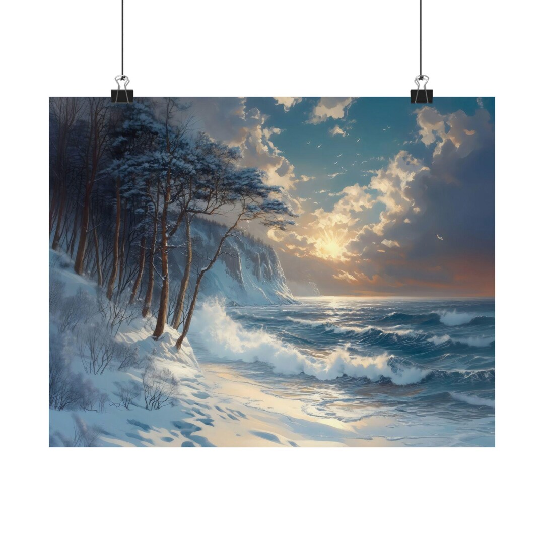 Coastal Winter Poster Print Landscape Modern Painting, Outdoor Nature ...