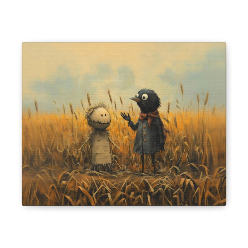 Cute Crow and Scarecrow in a Cornfield Canvas, Wall Art, Farmhouse ...