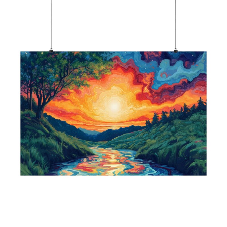 Psychedelic Sunrise Poster Print Landscape Modern Painting, Nature Calm ...