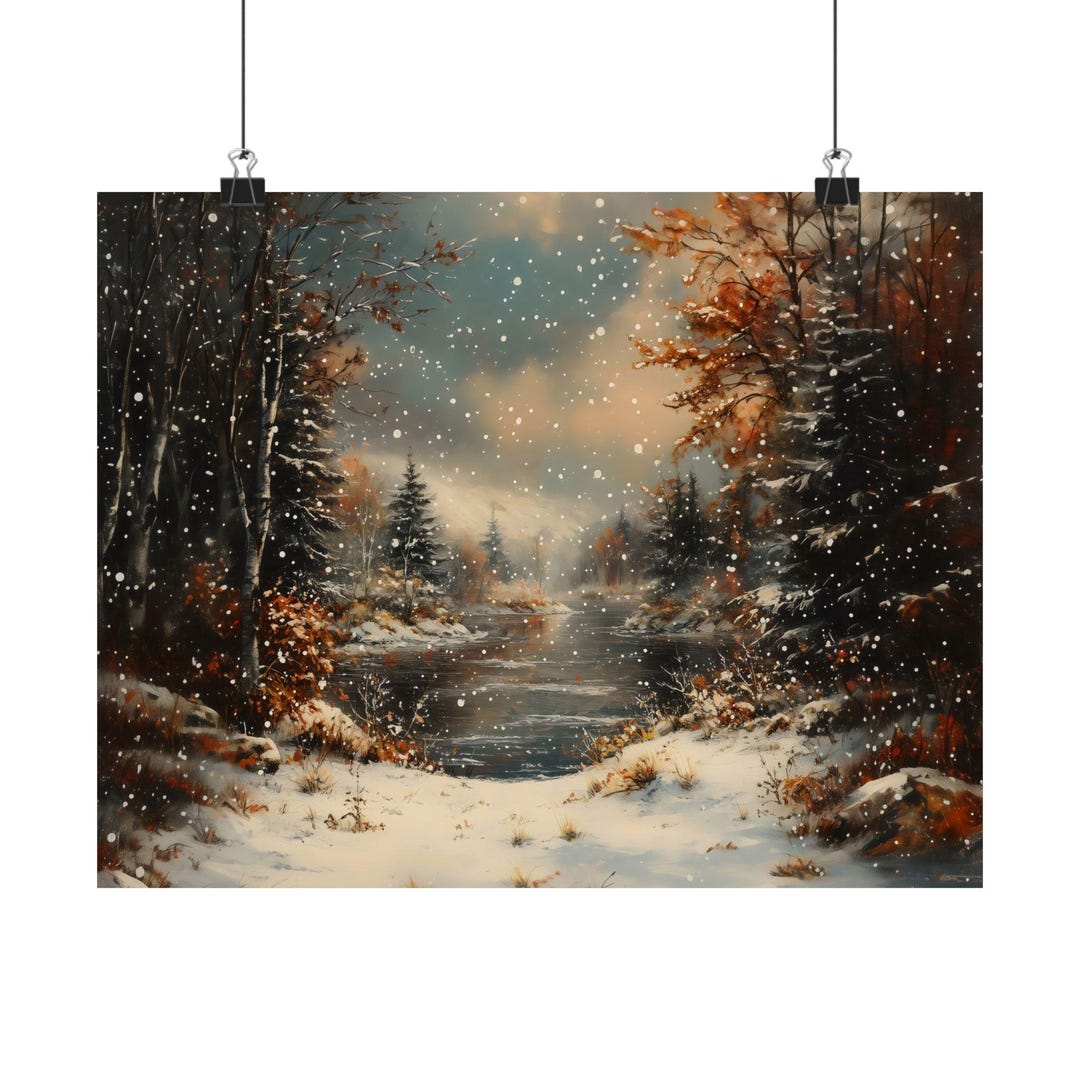Autumn Snowfall Winter Poster Print Landscape Modern Painting, Outdoor ...