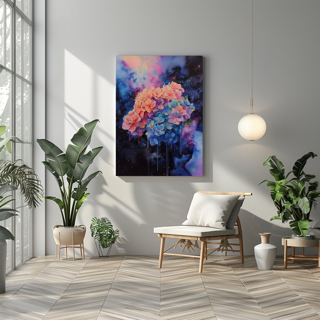 Hydrangea Galaxy Canvas Watercolor Space Modern Painting, Floral ...