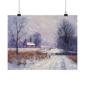 Farmhouse Snowfall Winter Poster Print Landscape Modern Painting ...