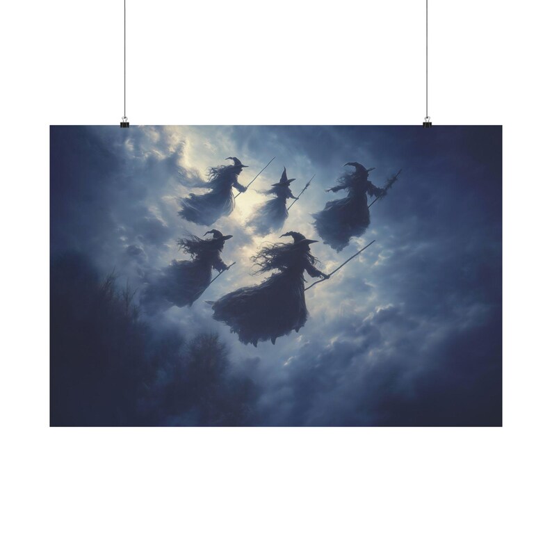 Witches Flying in the Cloudy Sky Poster Gothic Modern Painting ...
