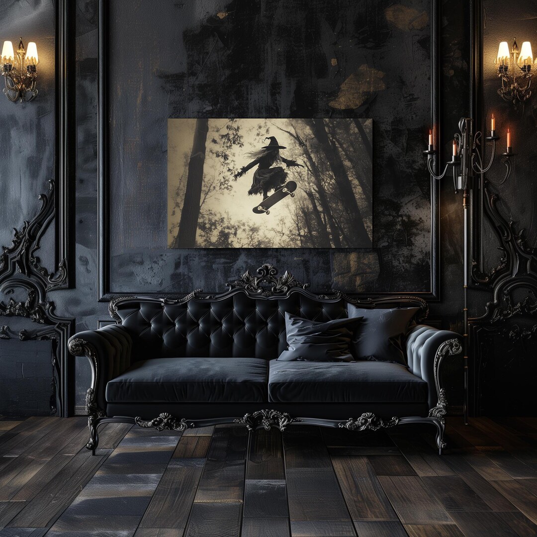 Witch Skateboarding Canvas Forest Painting Gothic Modern Painting ...