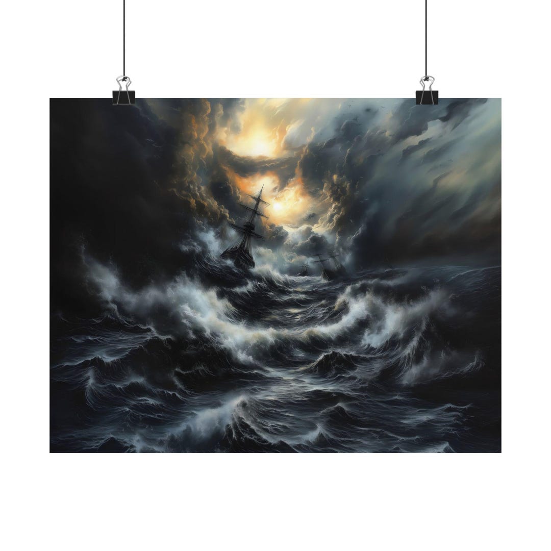 Raging Ocean Storm Poster Print Sailboats Landscape Modern Painting ...
