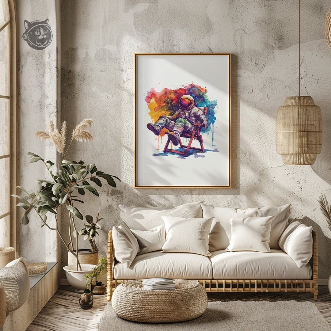 Relaxing Astronaut Printable Watercolor Space Modern Painting, Rugged ...