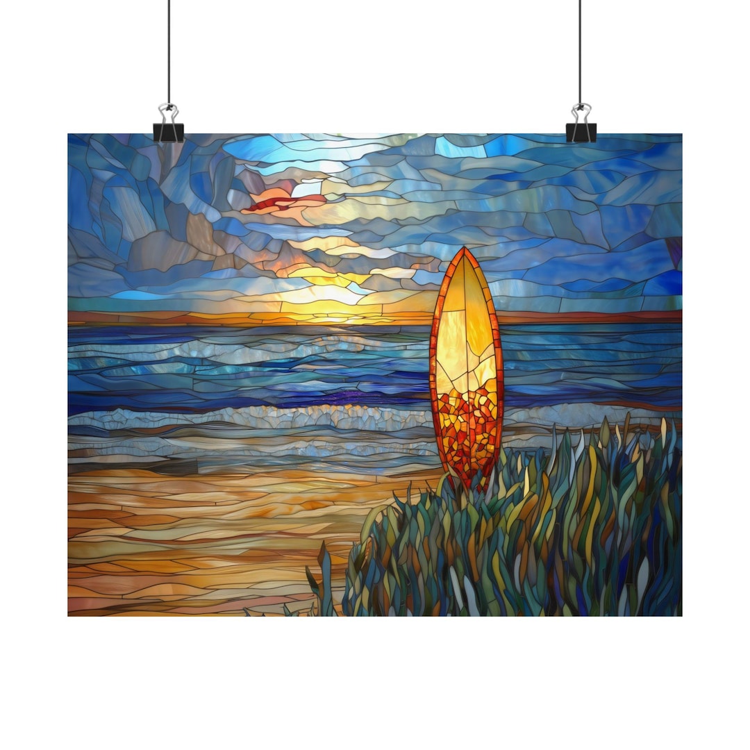 Stained Glass Surf Board Poster Print Landscape Modern Painting, Calm ...