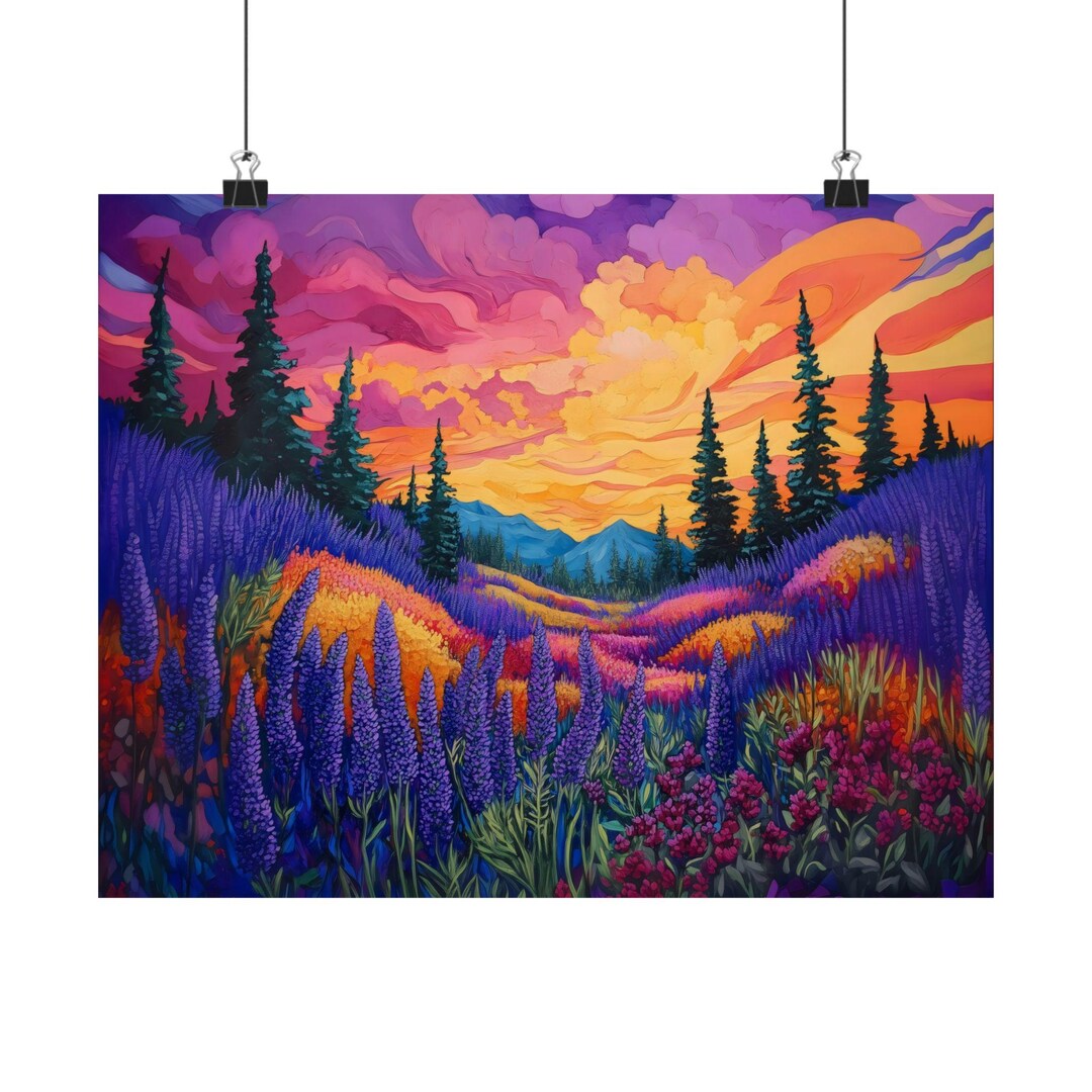 Psychedelic Lavender Fields Poster Print Landscape Modern Painting ...