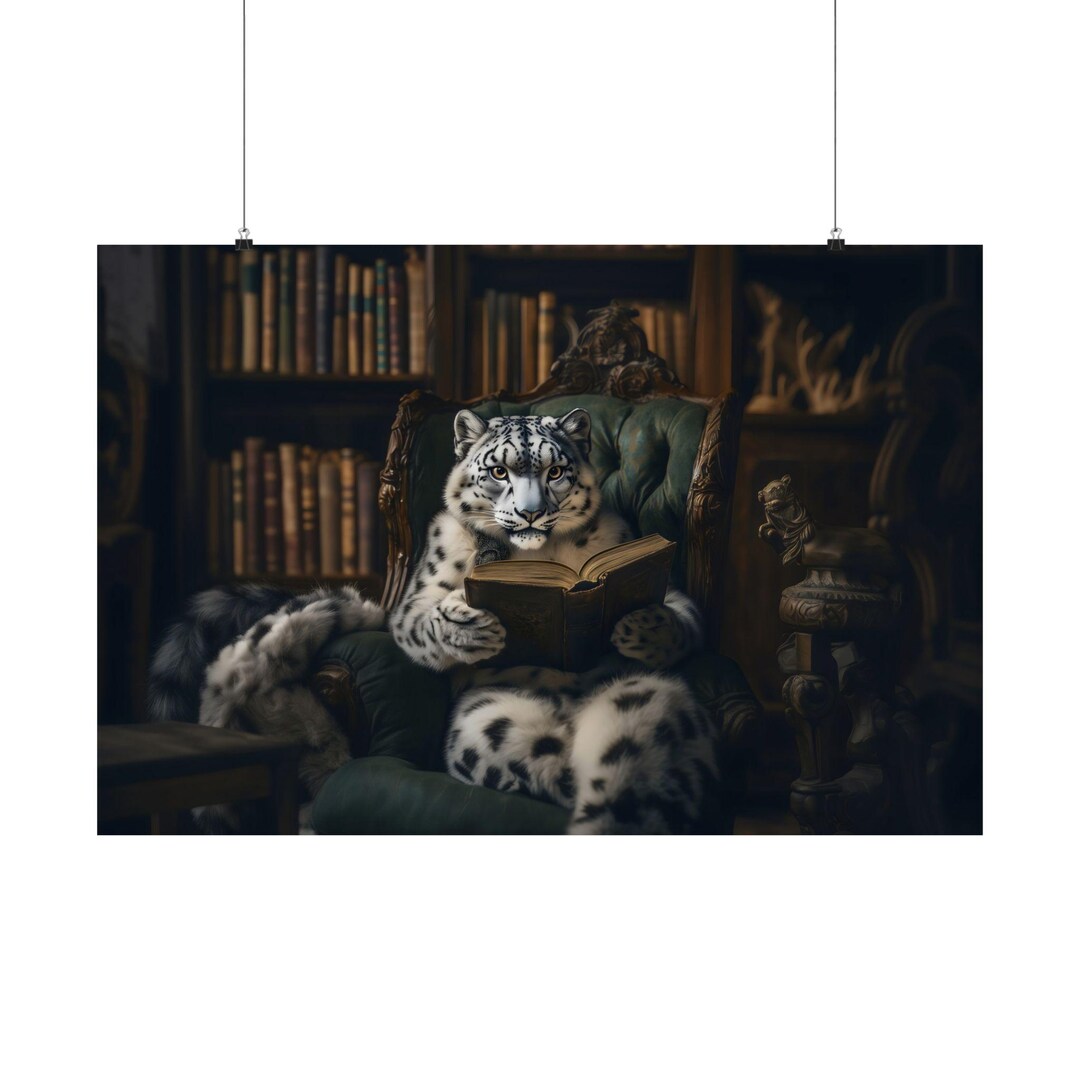 Bothered Snow Leopard Reading Maximalist Eclectic Victorian Poster ...