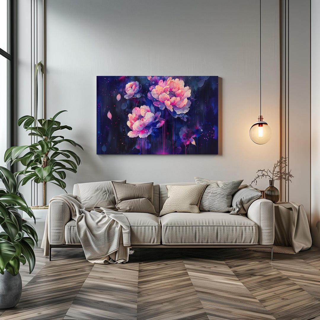 Peony Galaxy Canvas Watercolor Landscape Space Modern Painting, Floral ...
