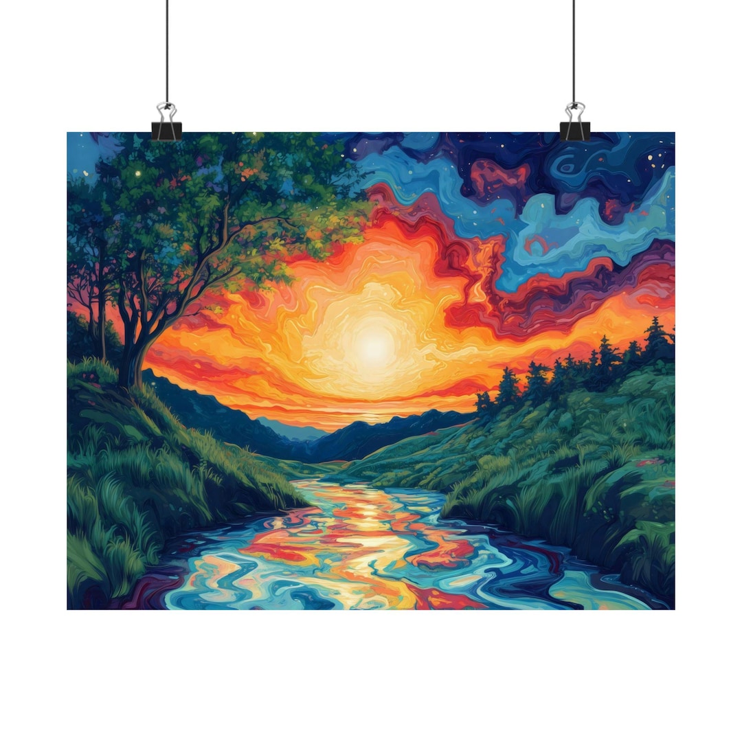 Psychedelic Sunrise Poster Print Landscape Modern Painting, Nature Calm ...