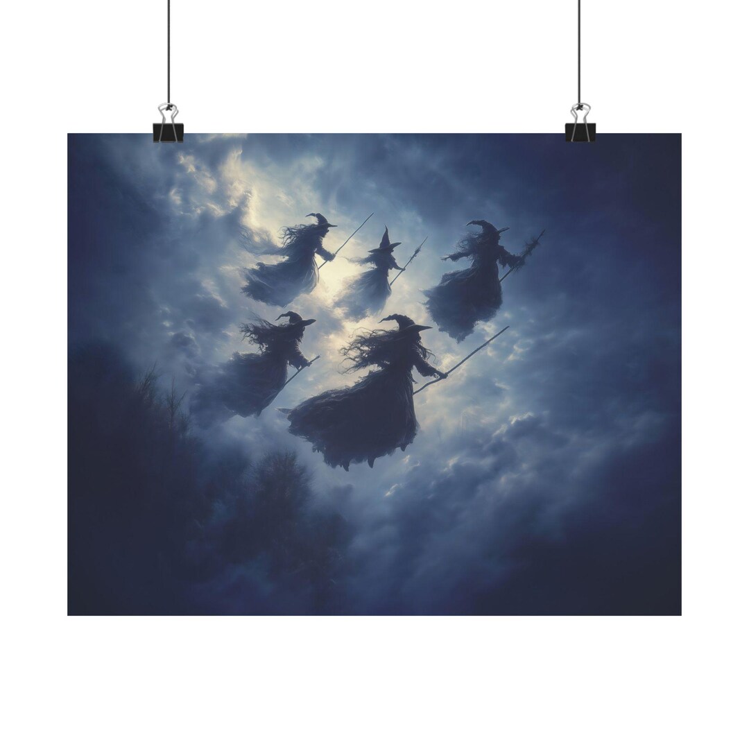 Witches Flying in the Cloudy Sky Poster Gothic Modern Painting ...