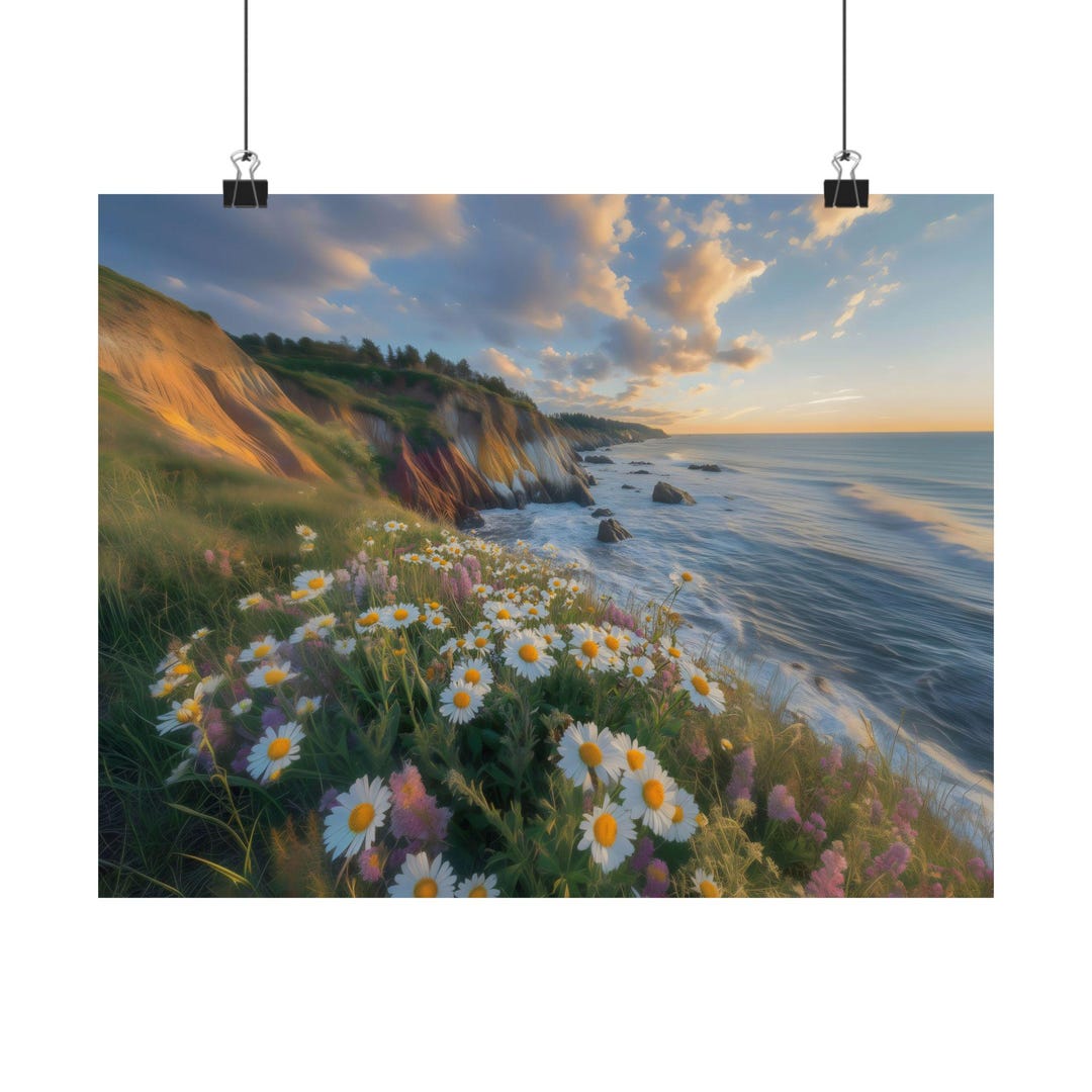 Ocean Cliff Flowers Poster Print Landscape Modern Painting, Outdoor ...