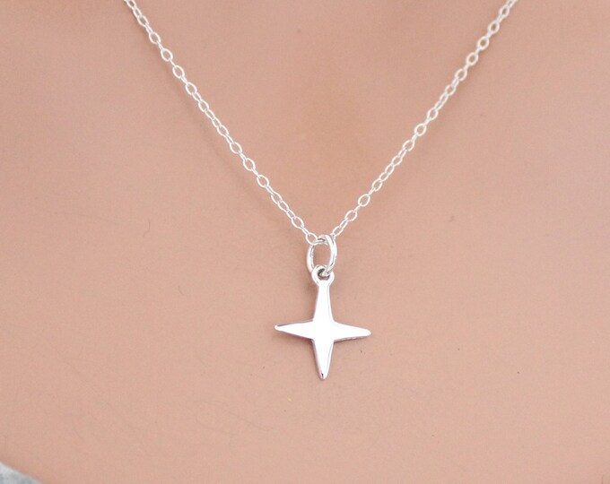 Sterling Silver Four Pointed Star Charm Necklace - Etsy