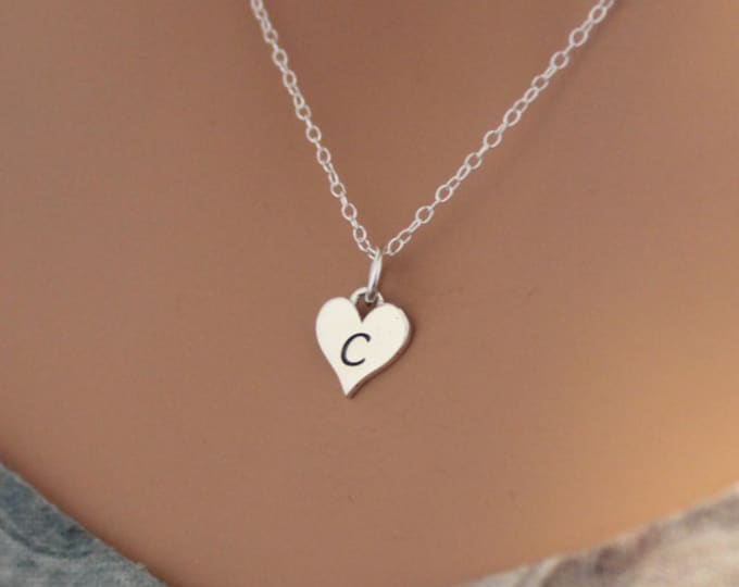 Sterling Silver C Letter Heart Necklace, Silver Tiny Stamped C Initial ...