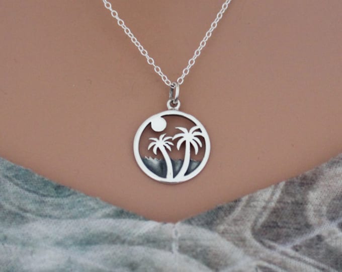 Sterling Silver Palm Tree Sunset Charm Necklace, Palm Tree Island ...