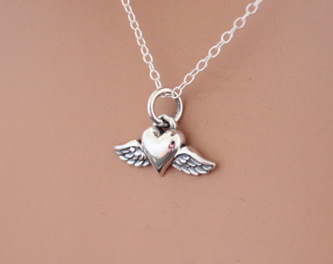 Heart With Wings Necklace, Silver Winged Heart Necklace, Angel Wing ...