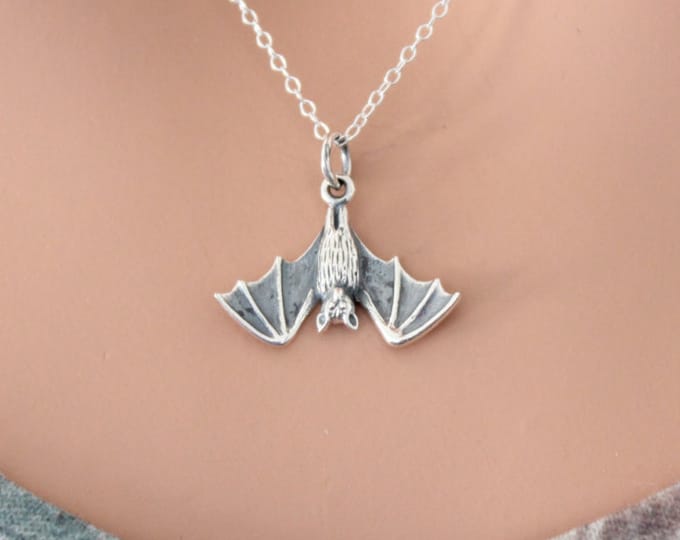 Sterling Silver Bat Necklace, Silver Realistic Bat Charm Necklace ...