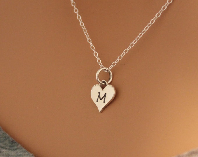 Sterling Silver M Letter Heart Necklace, Silver Tiny Stamped M Initial ...