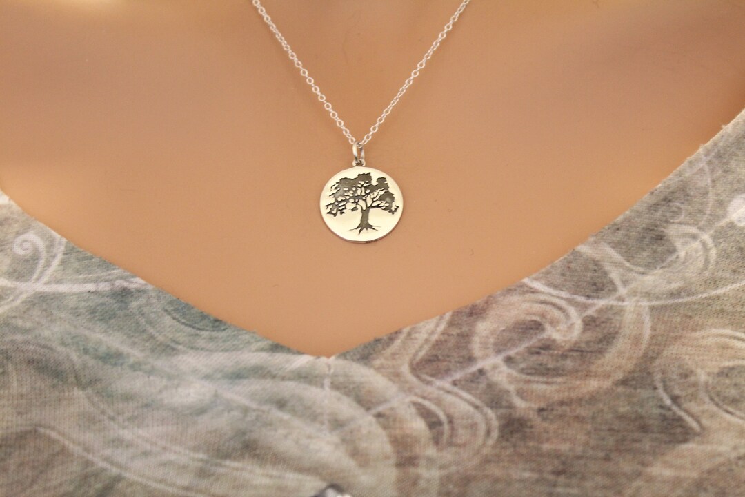 Sterling Silver Etched Oak Tree Pendant Necklace - Etsy
