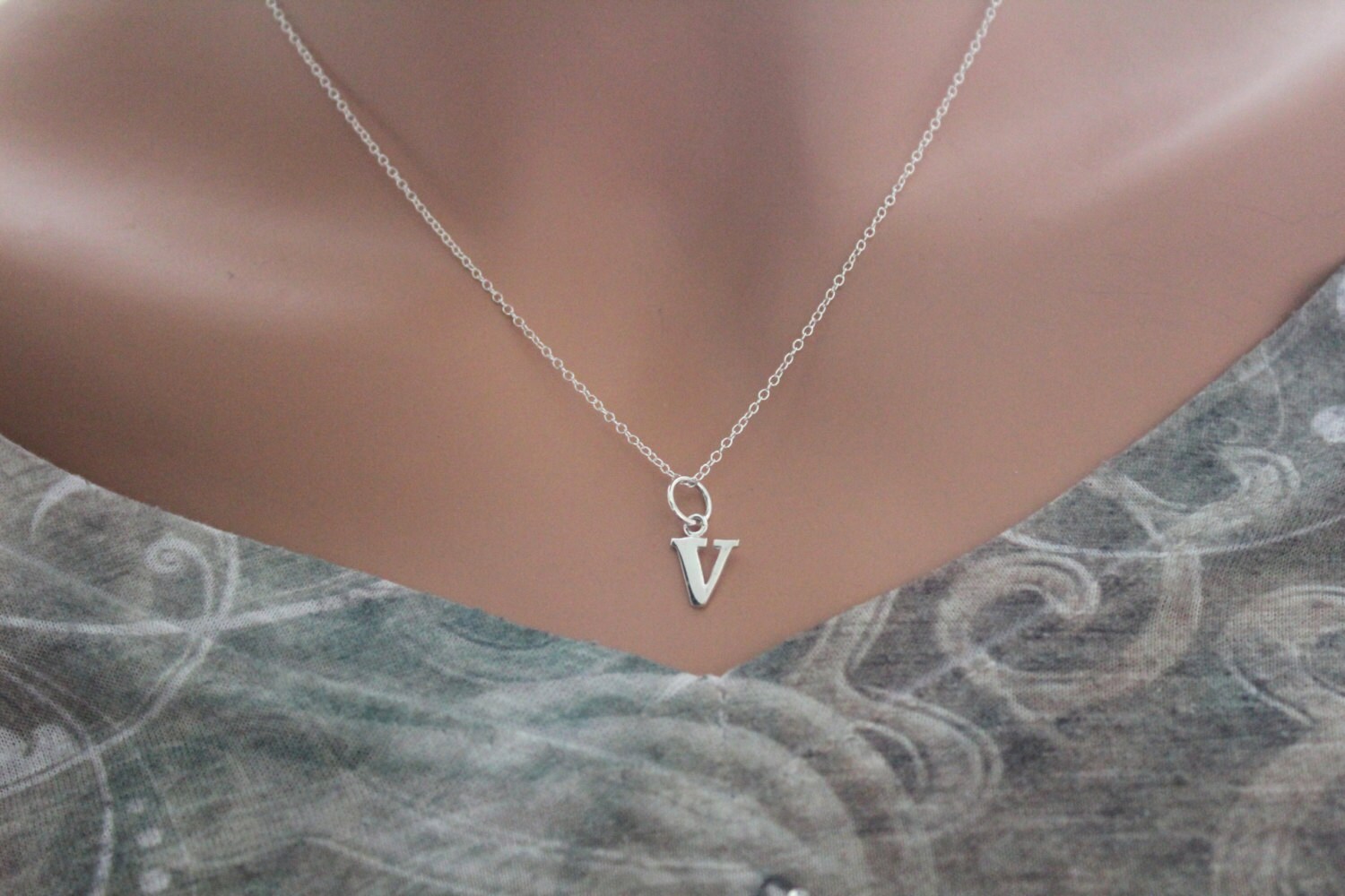 Sterling Silver Lowercase V Initial Necklace - Etsy