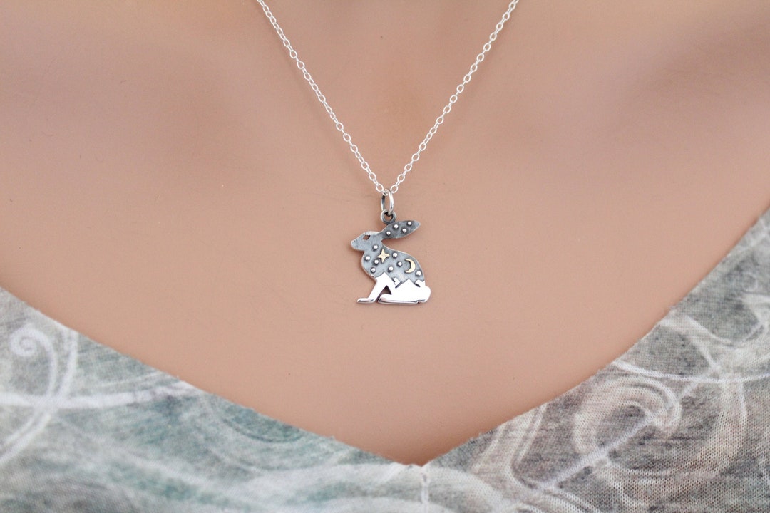 Sterling Silver Hare Charm With Bronze Star and Moon Necklace, Silver ...