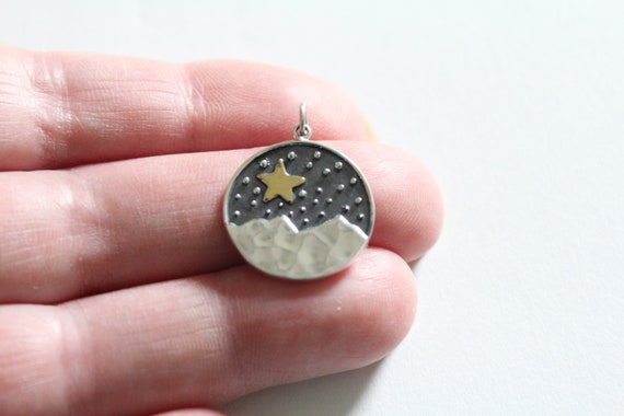 Sterling Silver Mountain Pendant with Bronze Star Star Gazing | Etsy