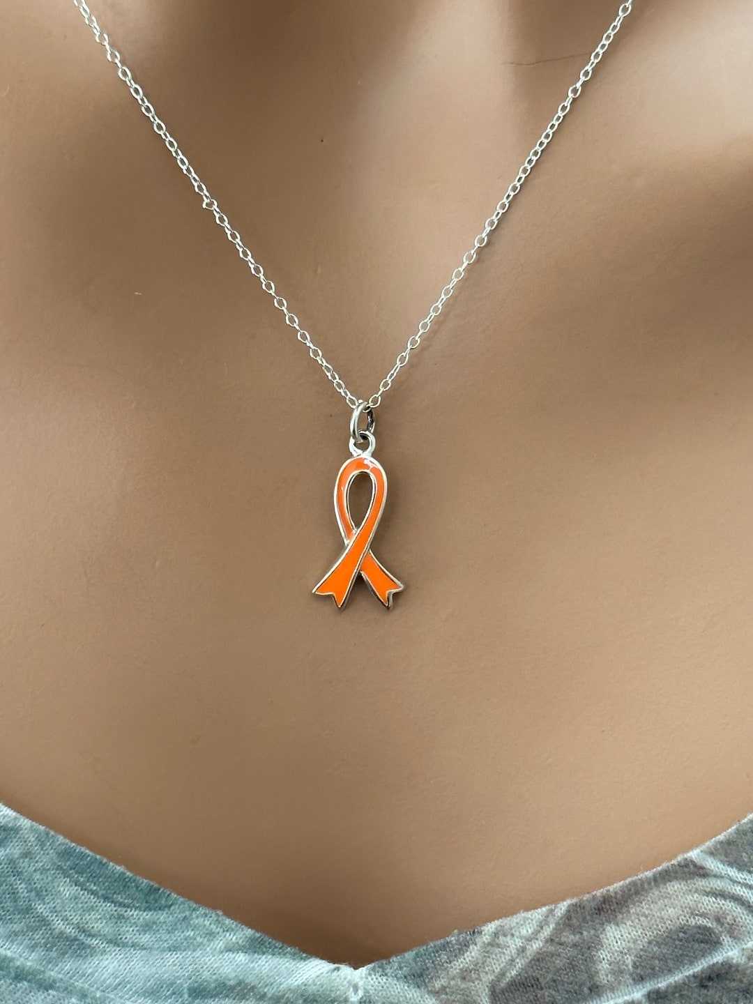 Sterling Silver Orange Ribbon Necklace, Leukemia Awareness Jewelry - Etsy
