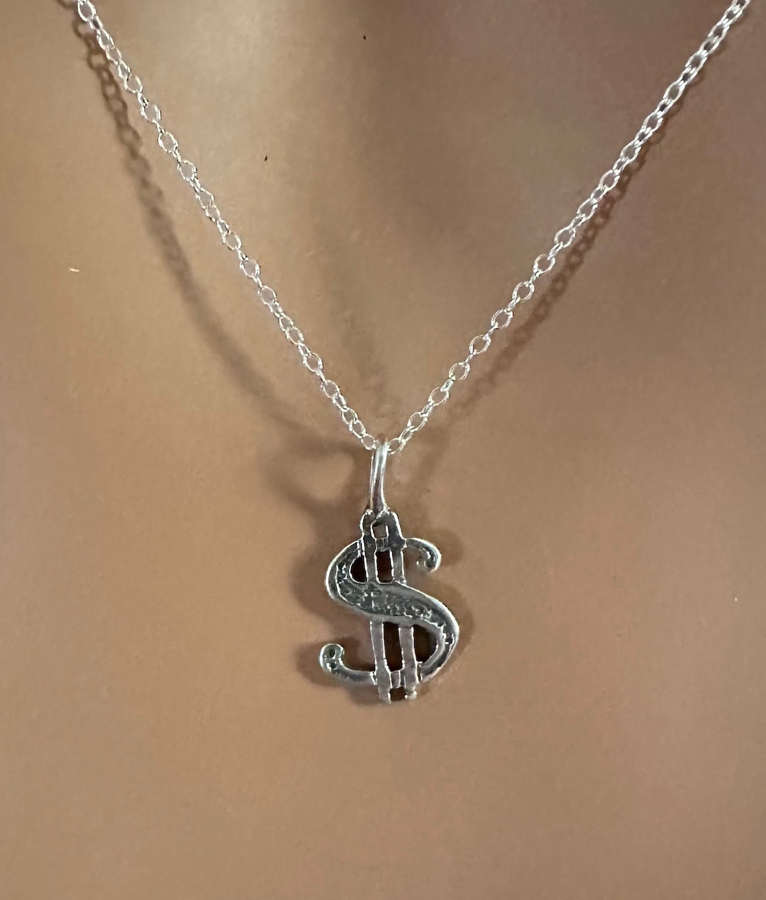 Sterling Silver Dollar Sign Necklace, Sterling Silver Oxidized Dollar ...