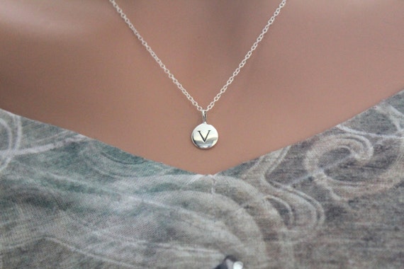 Sterling Silver Simple V Initial Necklace Silver Stamped V | Etsy