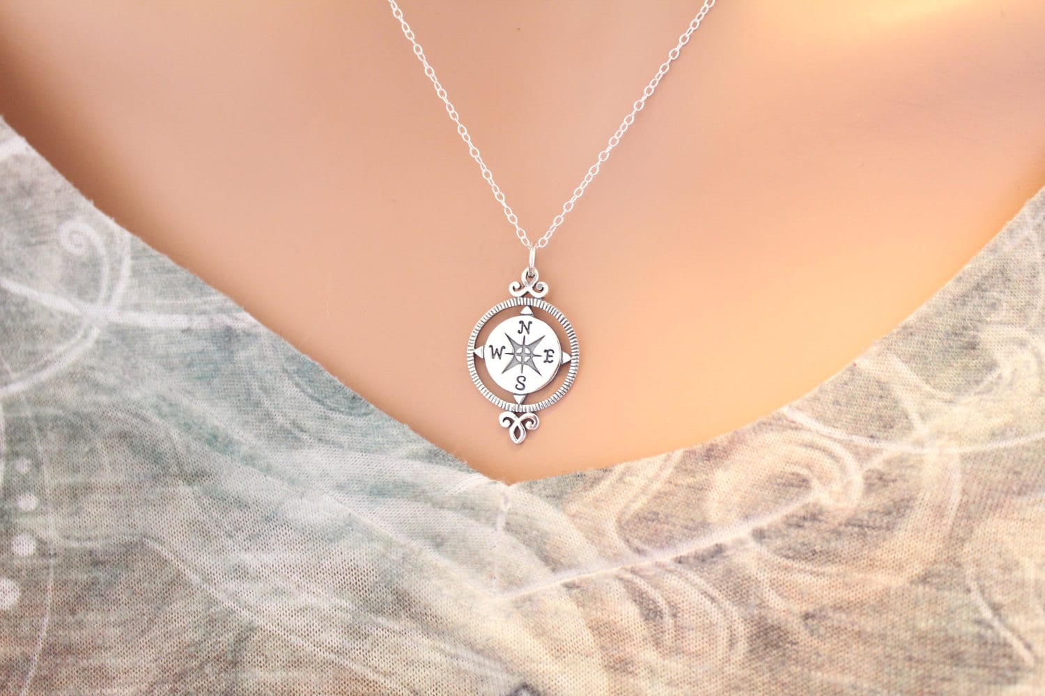 Sterling Silver Compass Pendant Necklace Compass Charm | Etsy