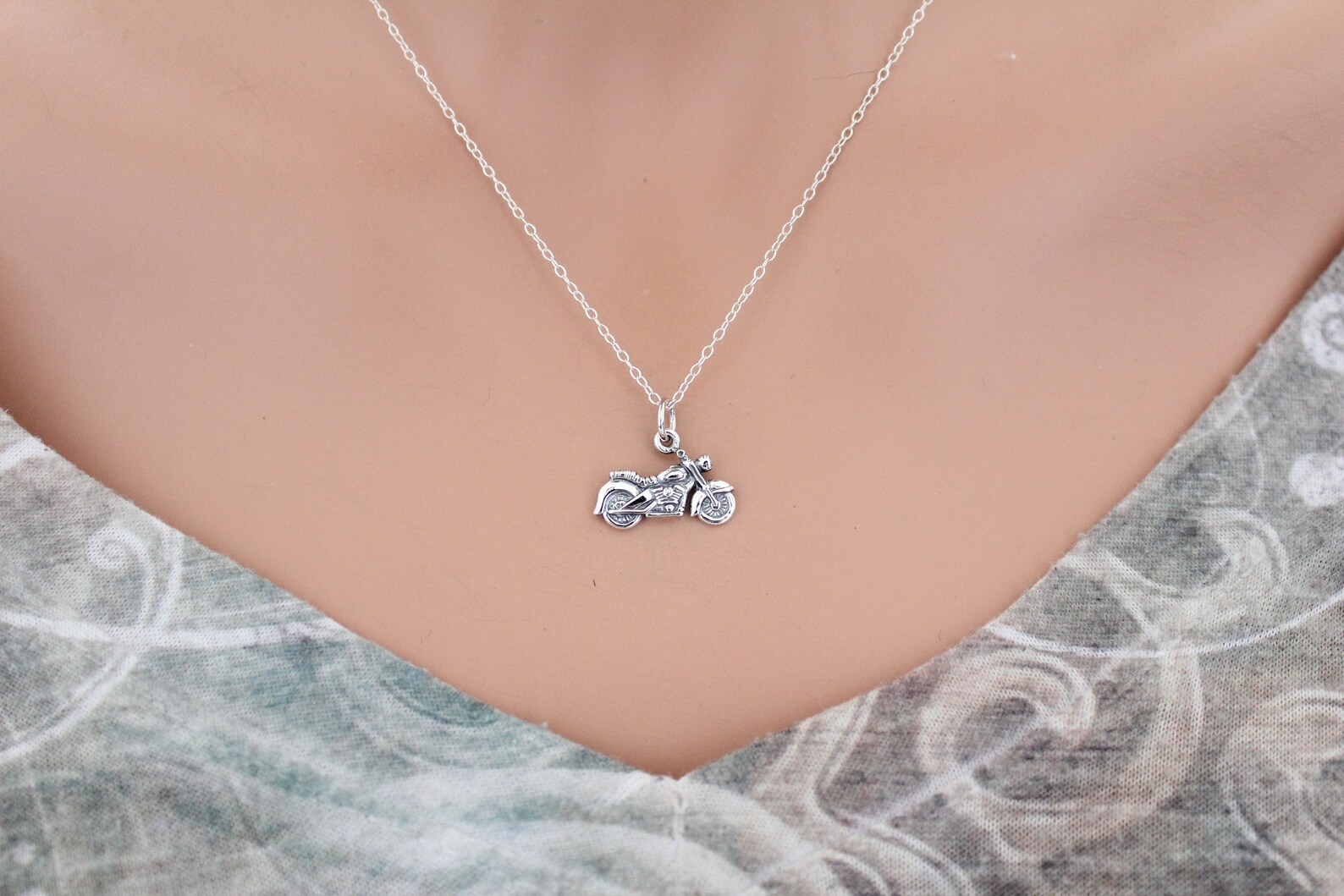Sterling Silver Motorcycle Charm Necklace: Double Sided Realistic Bike ...