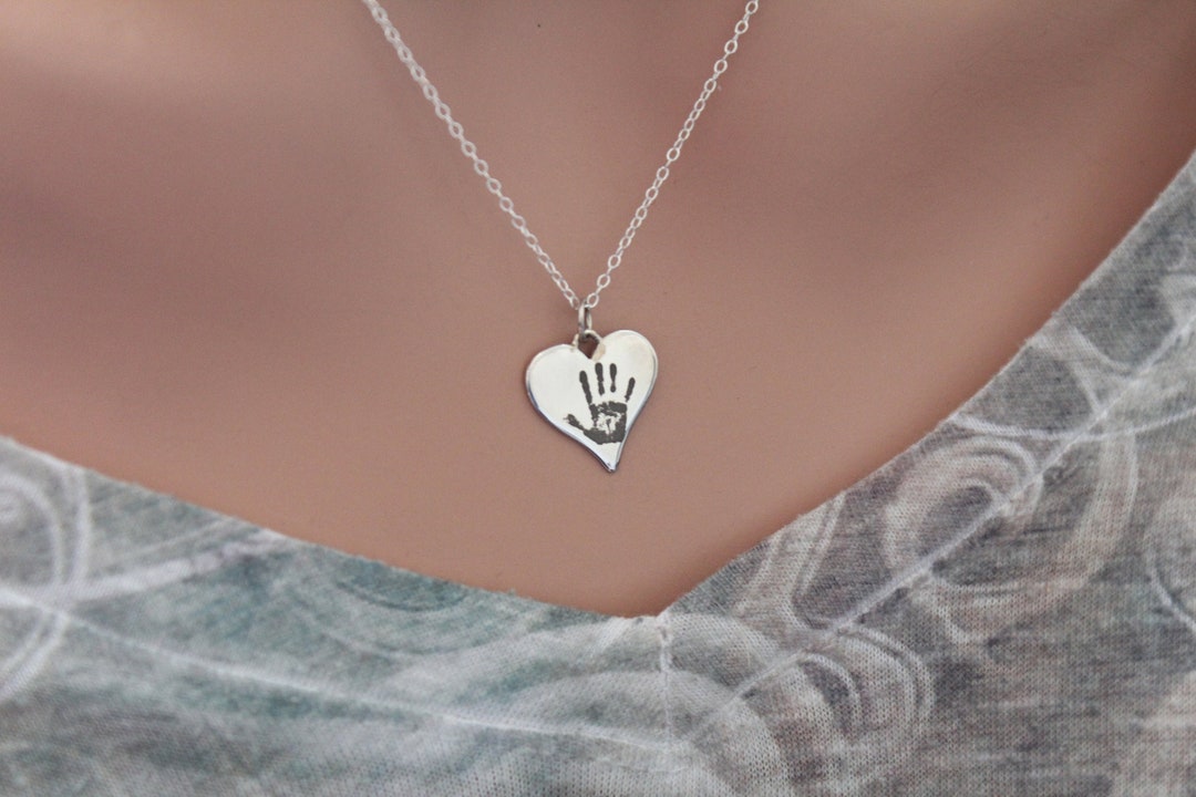 Sterling Silver Custom Handprint Heart Charm Necklace, Engraved Real ...