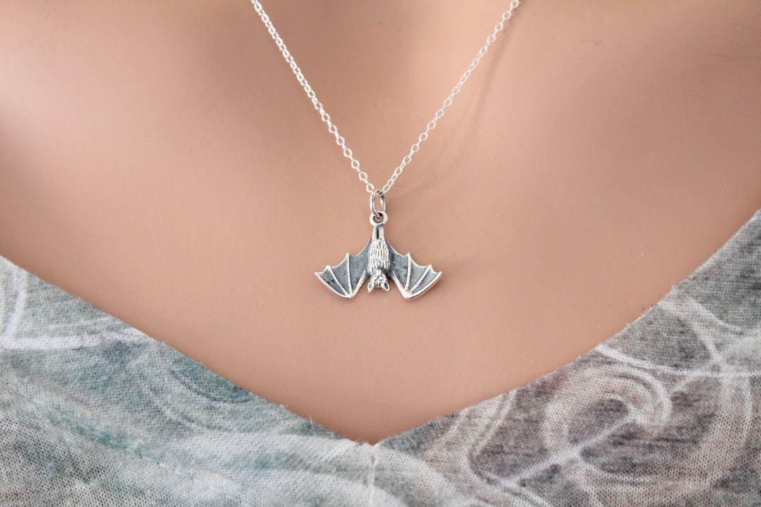 Sterling Silver Bat Necklace, Silver Realistic Bat Charm Necklace ...