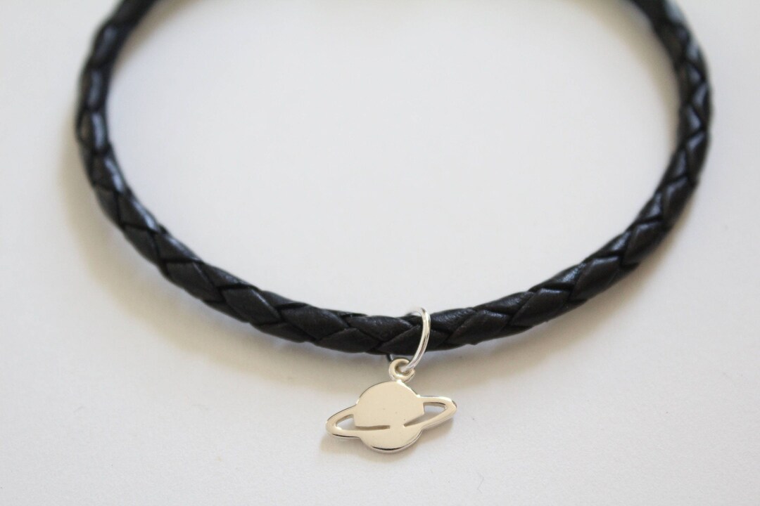 Leather Bracelet With Sterling Silver Saturn Charm, Saturn Bracelet ...