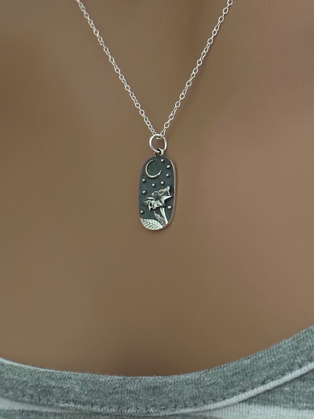 Sterling Silver Moonflower Charm Necklace, Silver Moonflower Charm ...
